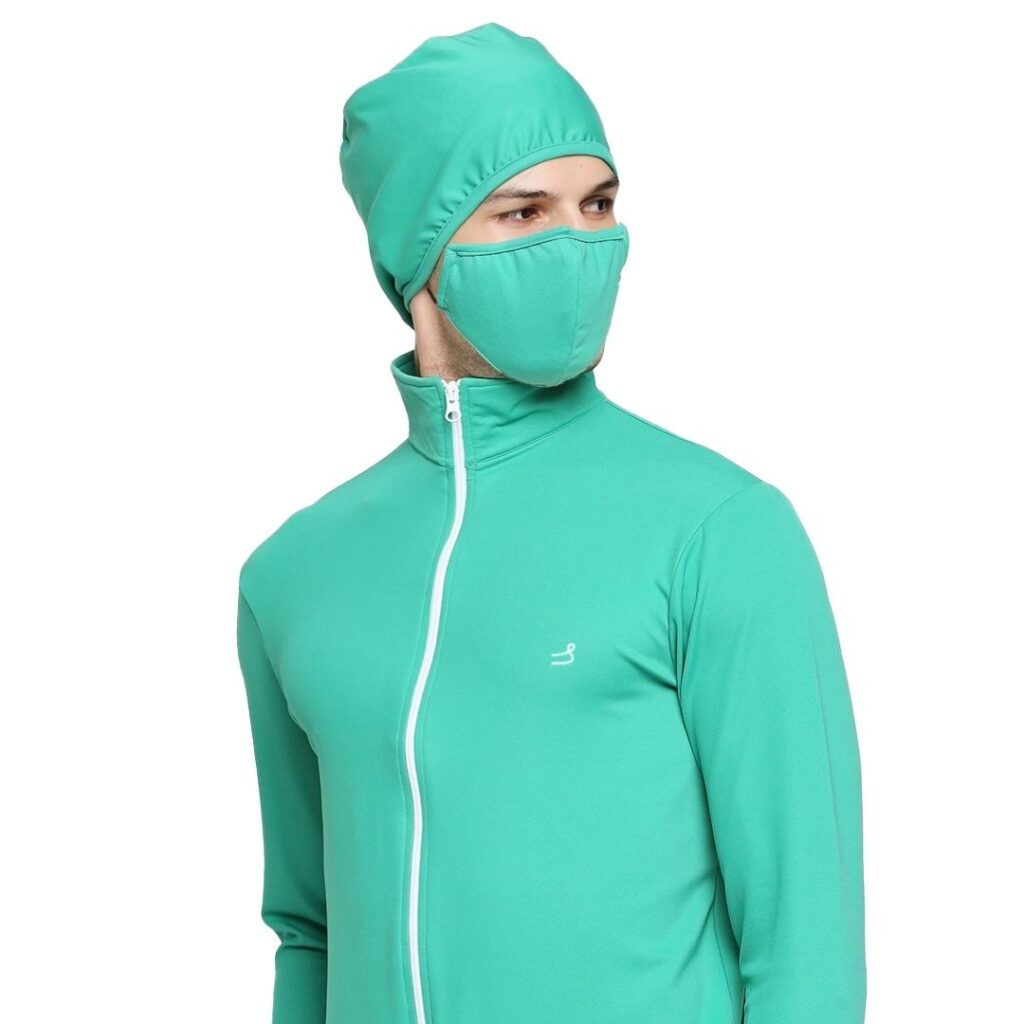 PPE kit in royal green, consisting of long-lasting materials.
